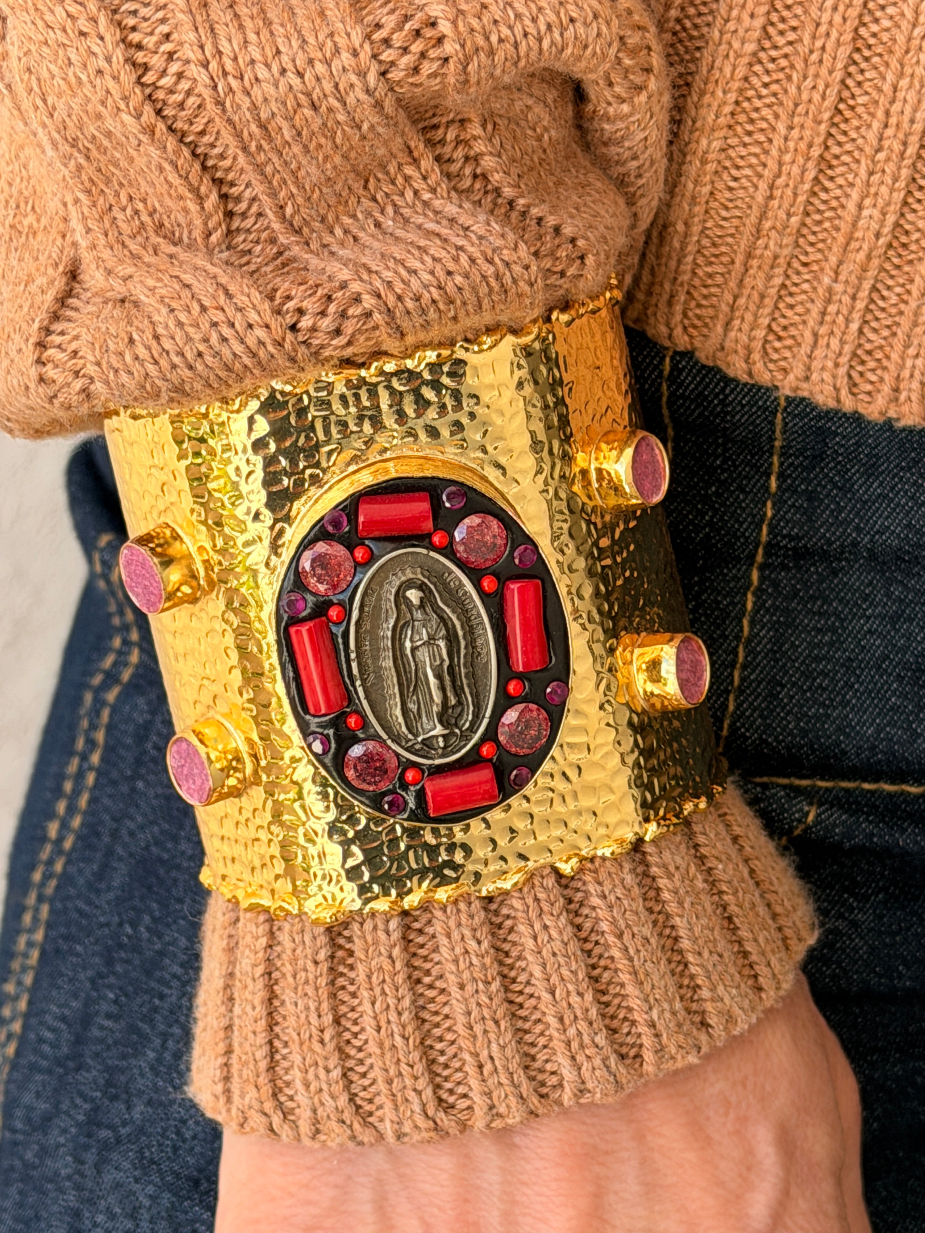 HANDMADE SEMI PRECIOUS STONE OUR LADY OF GUADALUPE GOLD PLATED CUFF ...