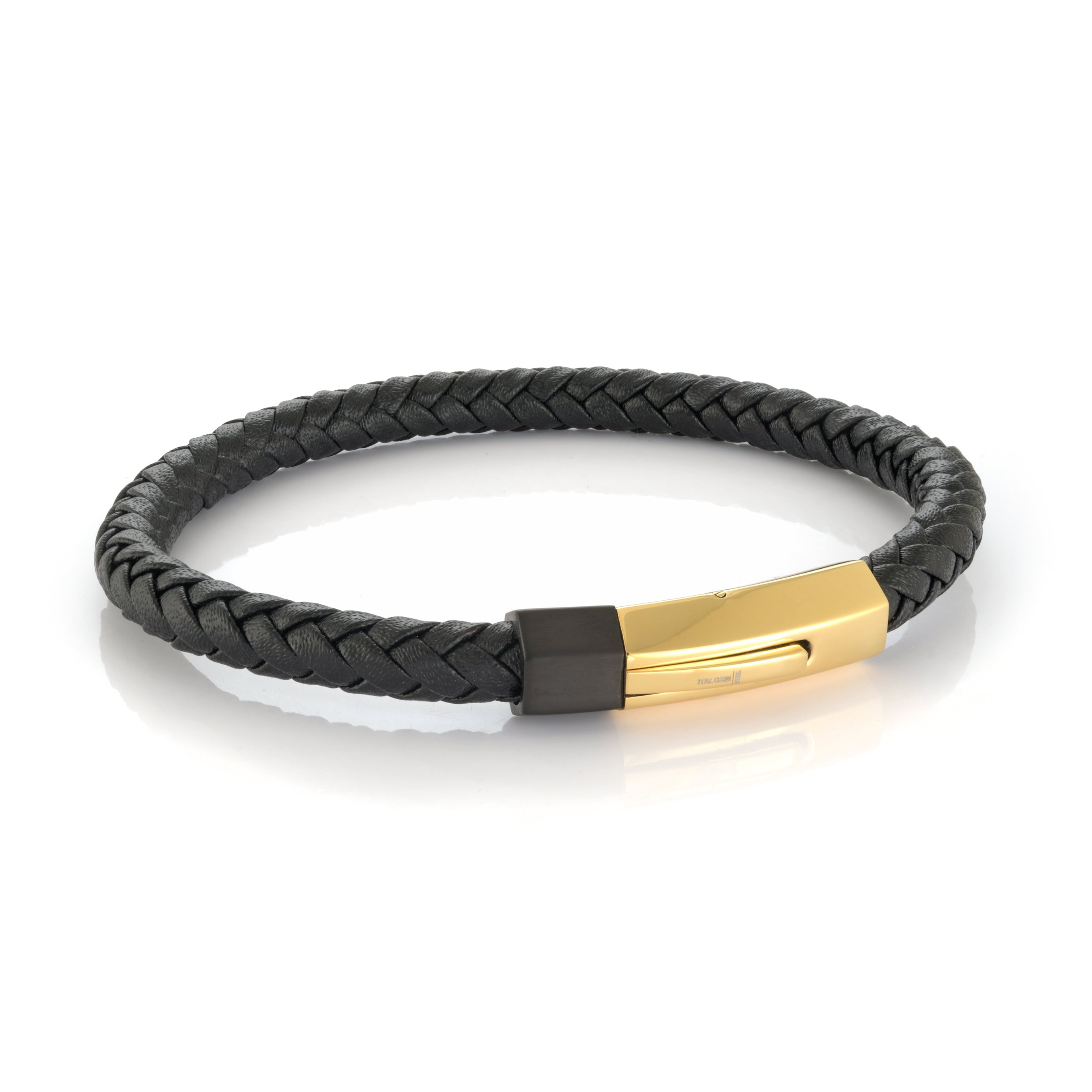 BLACK-GOLD-IP PUSH-CLASP BLACK-LEATHER BRACELET STAINLESS STEEL ...